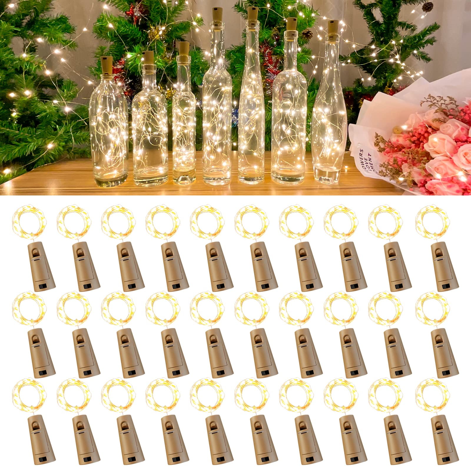 Paquete de 30 luces para botellas de vino Etinga con corcho, 20 LED, 2 ...