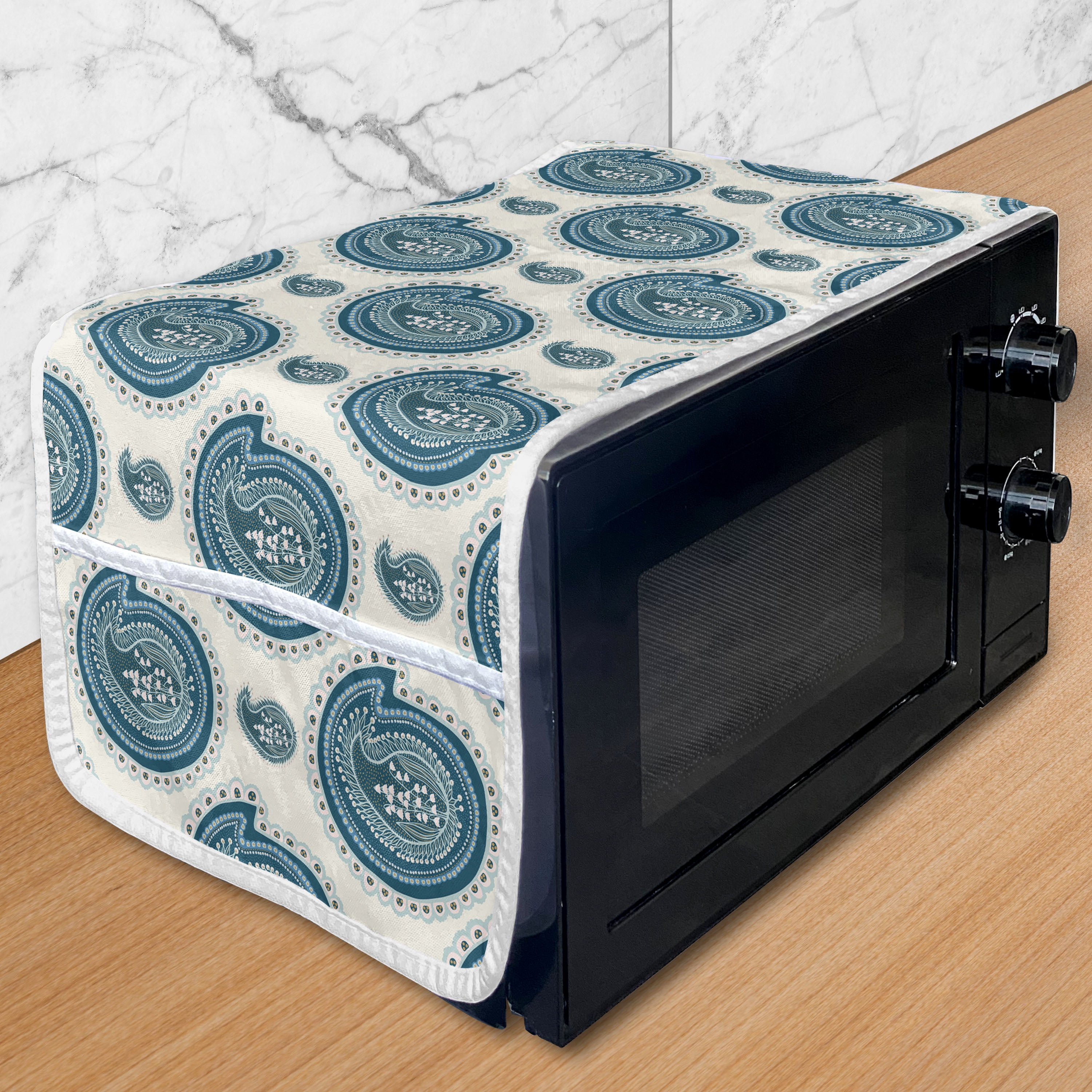 Oriental Microwave Oven Cover, Floral Theme Hand Drawn Lilies in Bluish ...