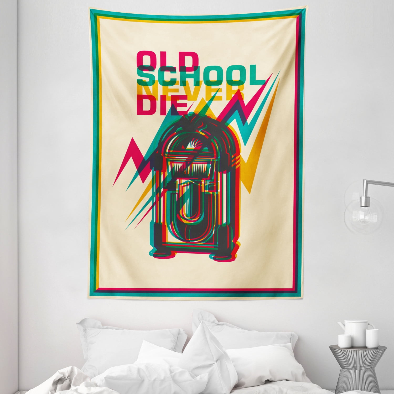 Jukebox Tapestry, Old School Never Die Quote on Antique Radio Abstract ...