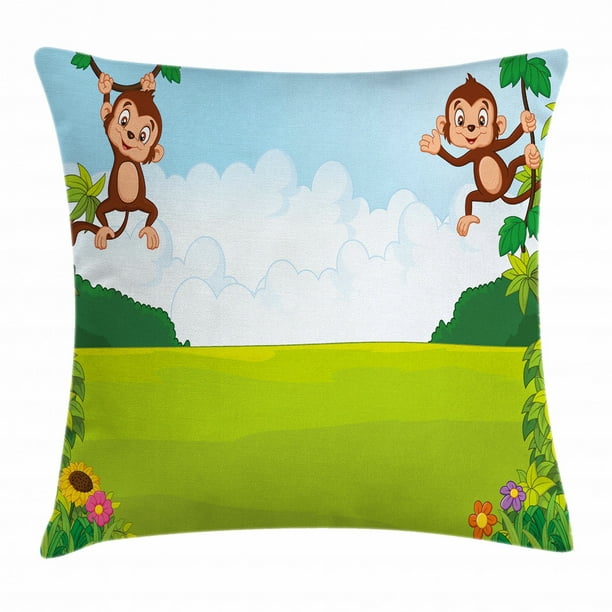 Nursery Throw Pillow Cushion Cover, Cute Playful Monkeys Hanging on ...