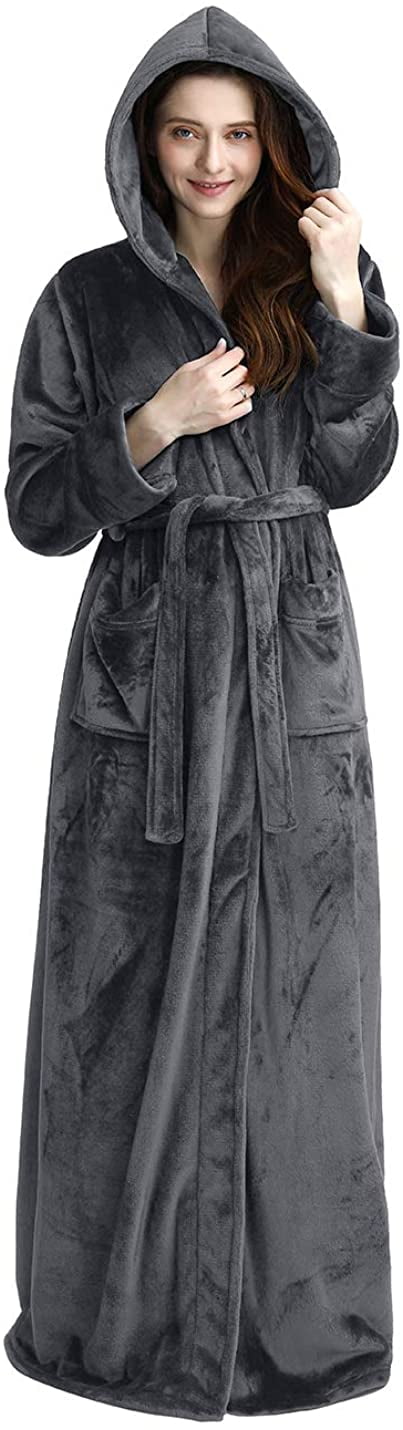 Women's Long Hooded Robes Luxurious Plush Fleece Bathrobe with Belt ...