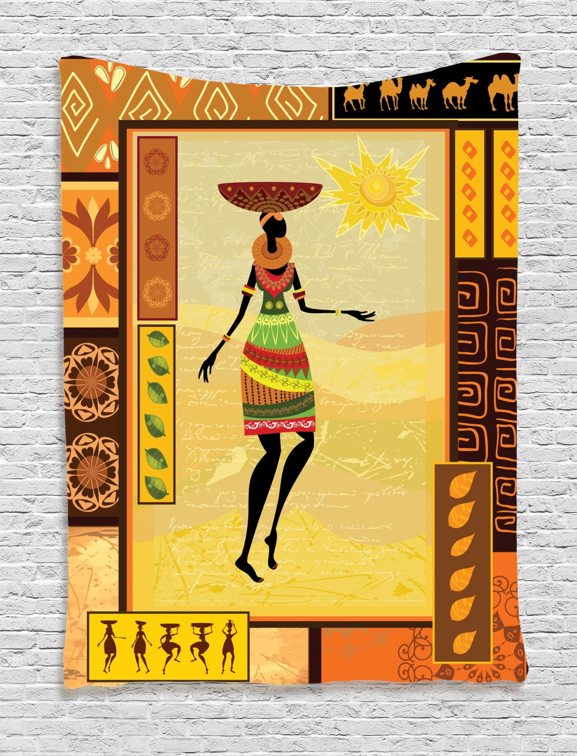 Afro Decor Tapestry, African Girl Dressed Ethnic under Sun Figure Folk ...