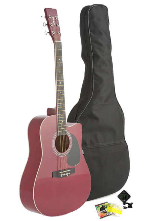 Fever Dreadnought Cutaway Acoustic Guitar Red with Bag, Tuner and ...