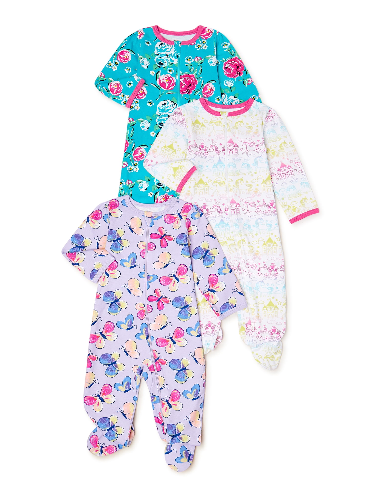 Wonder Nation Newborn Baby Girl Sleep and Play Pajamas, 3-Pack, Preemie ...