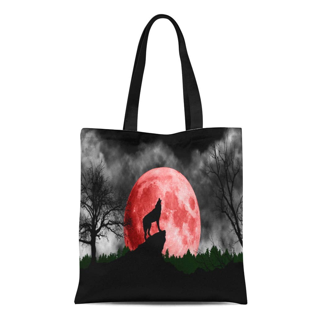 SIDONKU Canvas Tote Bag Magical Wolf Howling at the Red Moon Midnight ...