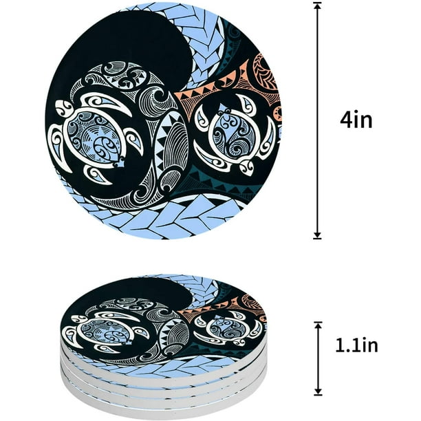 RYLABLUE Minimalist Black Blue Polynesian Texture Set of 4 Round ...