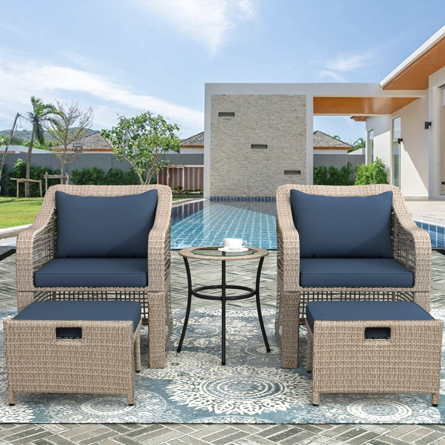 2 Ottomans Best Choice Products 5 Piece Outdoor Wicker Bistro Set