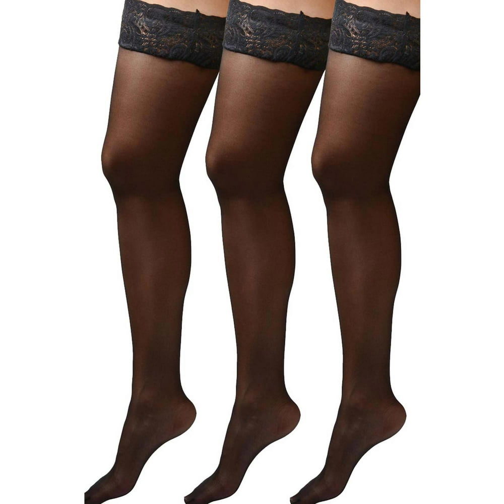 Angelique Womens Plus Size Hosiery Black Sheer Lace Top Stay Up
