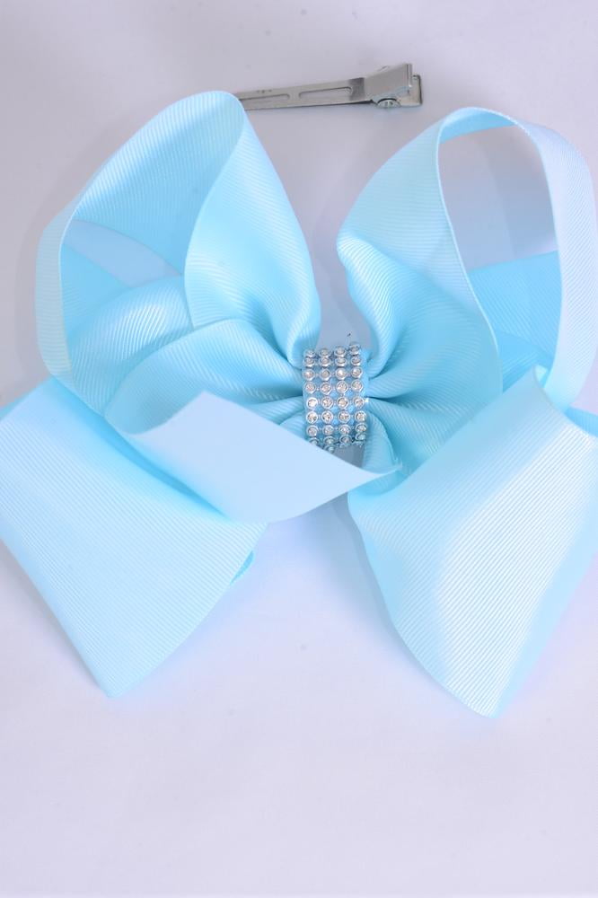 Hair Bow Jumbo Center Clear Stones Baby Blue Grosgrain Bowtie/DZ ...