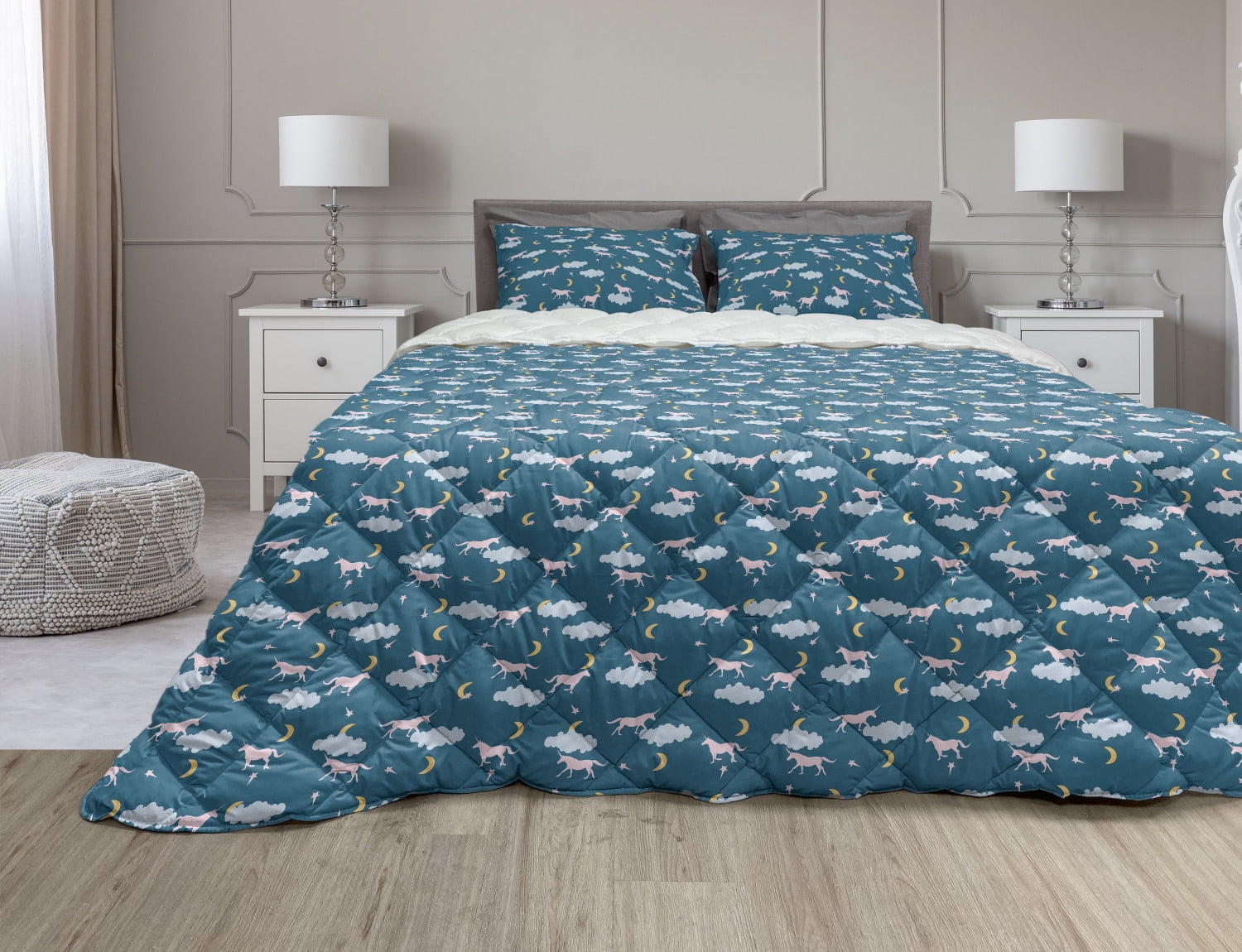 Cartoon Comforter & Sham Bedding Set, Pattern of Unicorn on Clouds ...