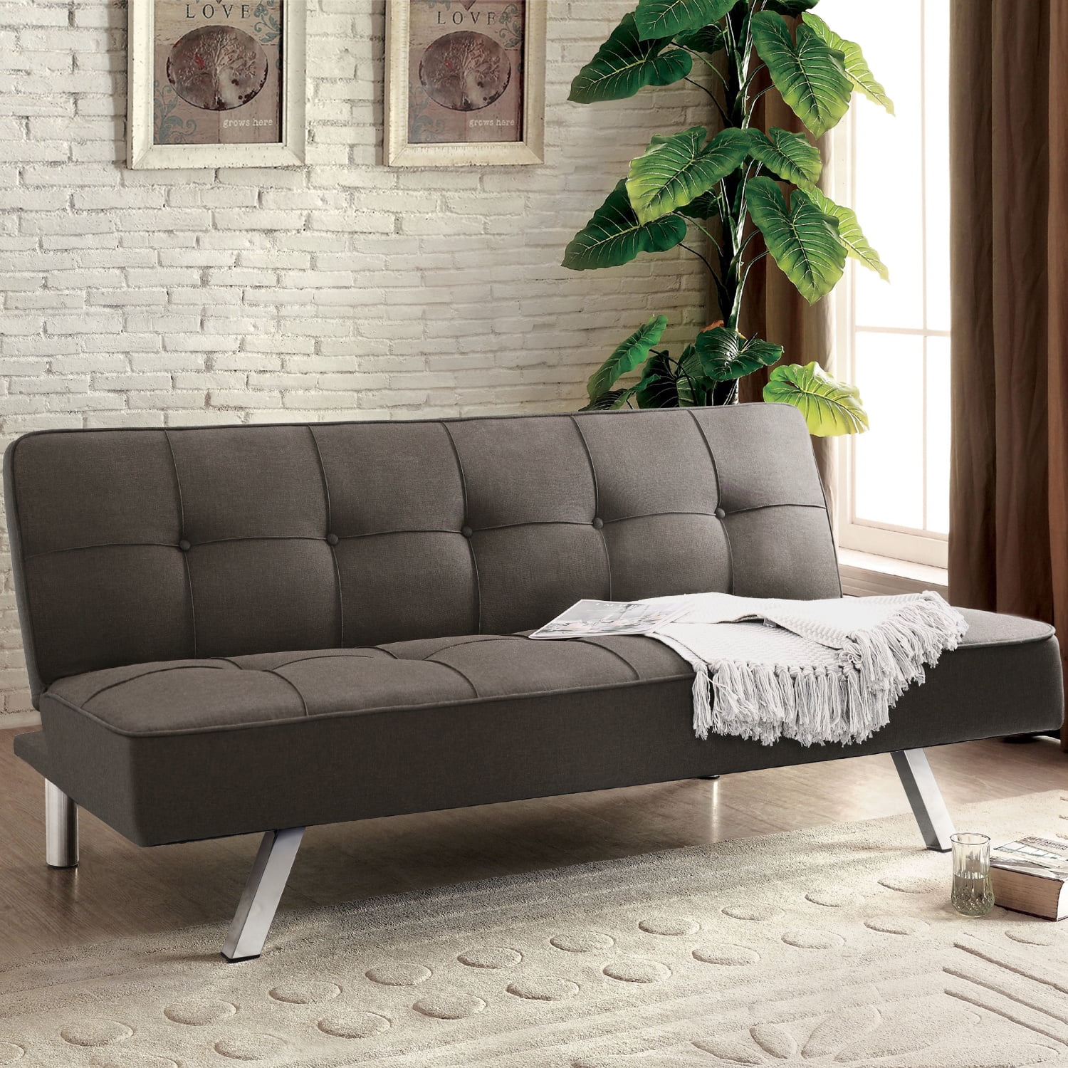 HOMESTOCK Espresso, Linen Tufted Split Back Futon Sofa Bed,