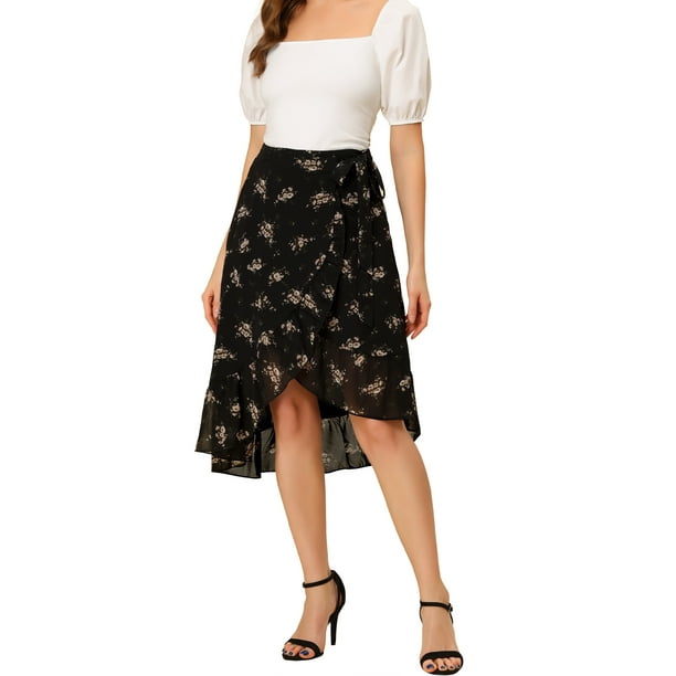 Jupe fleurie mi-longue pour femmes en mousseline de soie Ã volants jupes fluides d'Ã©tÃ© asymÃ ...