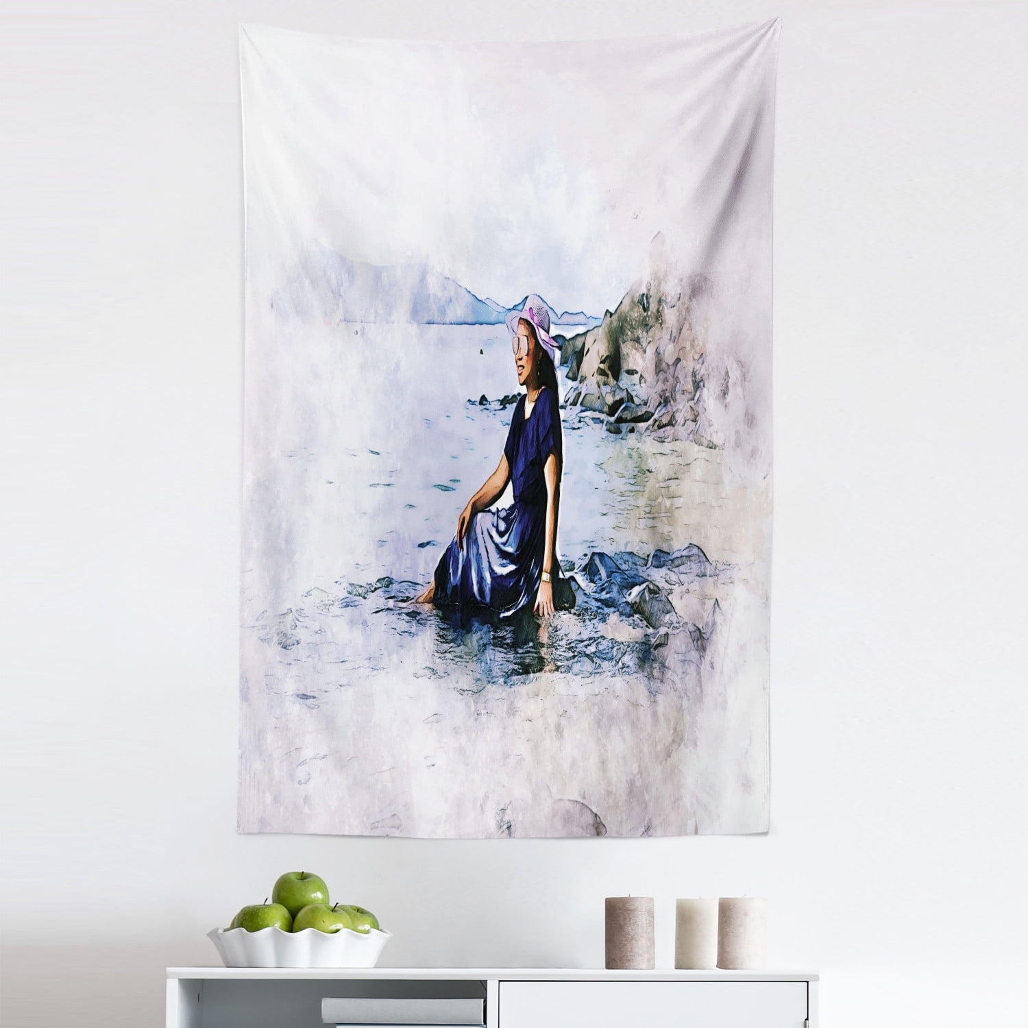 Women Tapestry, Watercolor Effect Photo of Lady on Beach Seascape ...