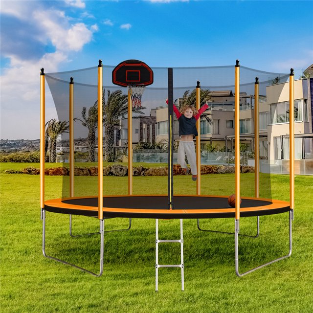 Trampoline 10FT with Safety Enclosure Net, Basketball Hoop and Ladder ...
