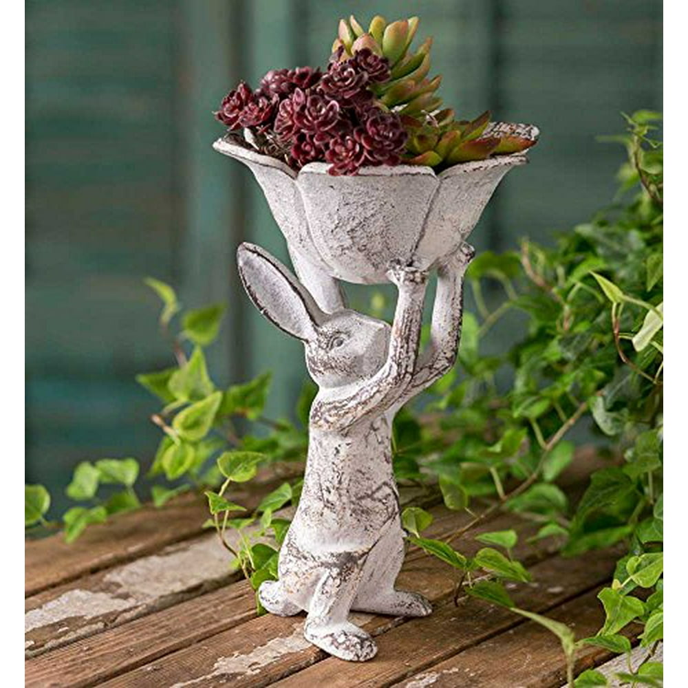 Distressed Antique White Cast Iron Rabbit with Flower Bird Feeder ...