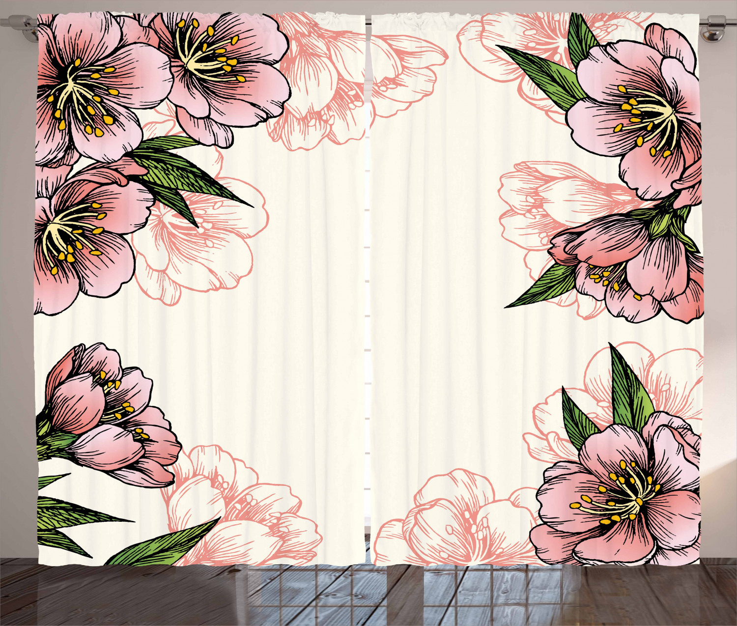Peach Curtains 2 Panels Set, Hand Drawn Botanical Pattern Spring and ...