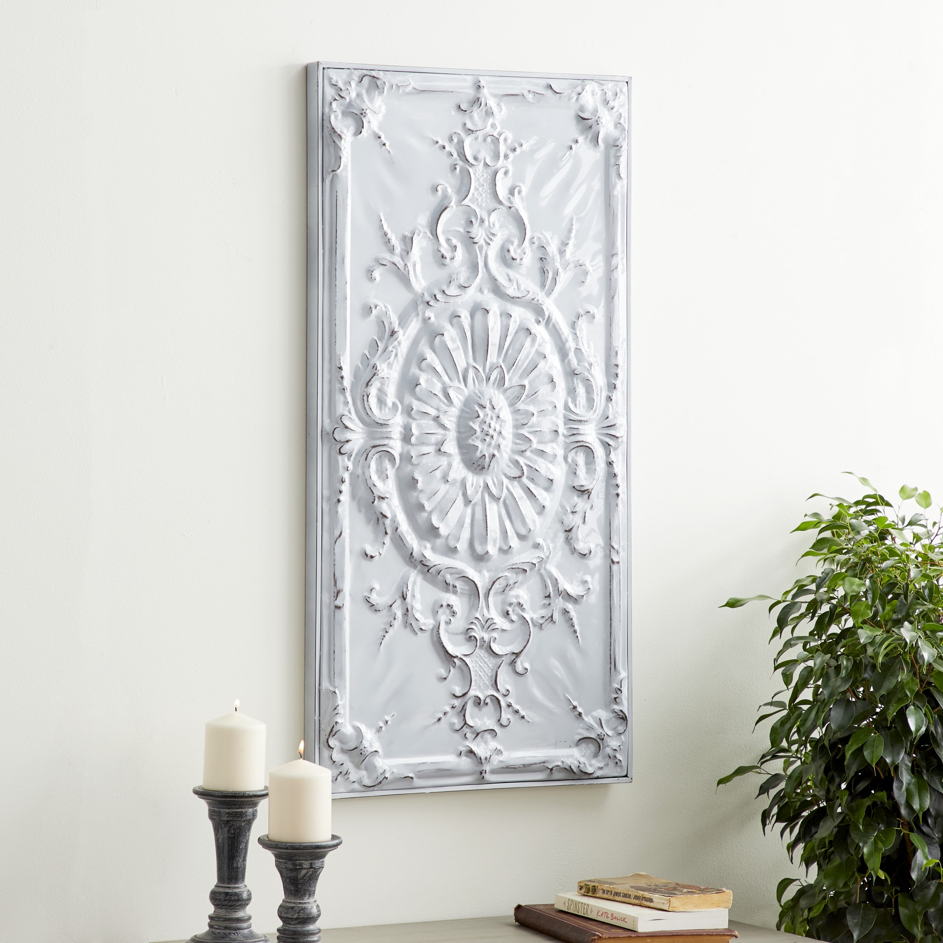 DecMode White Metal Scroll Wall Decor with Embossed Details - Walmart.com