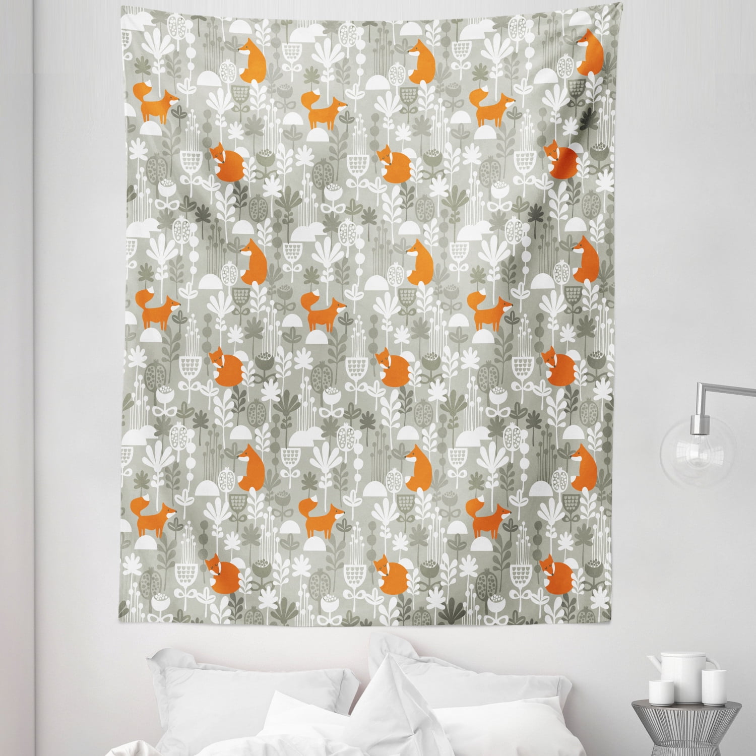 Fox Tapestry, Woodland Animals in Flower Field Cartoon Sleeping Forest ...