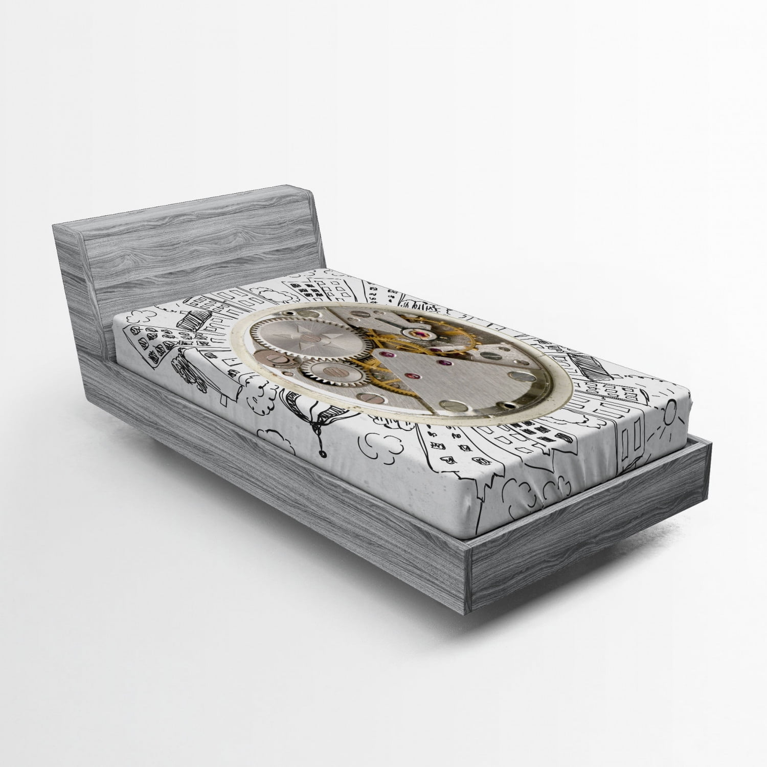 Clock Fitted Sheet, Alarm Clock with Cloudsd Buildings Around It in ...