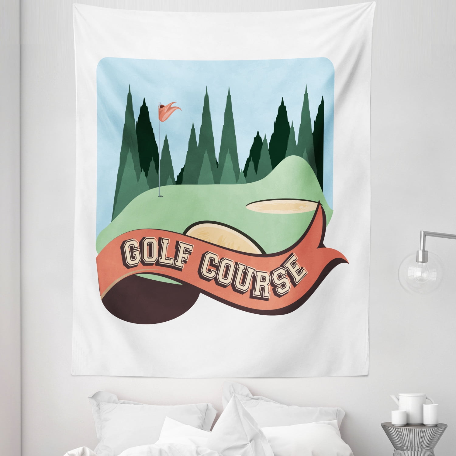 Golf Course Scene Tapestry, Cartoonish Graphic of Forest Hills and Flag ...