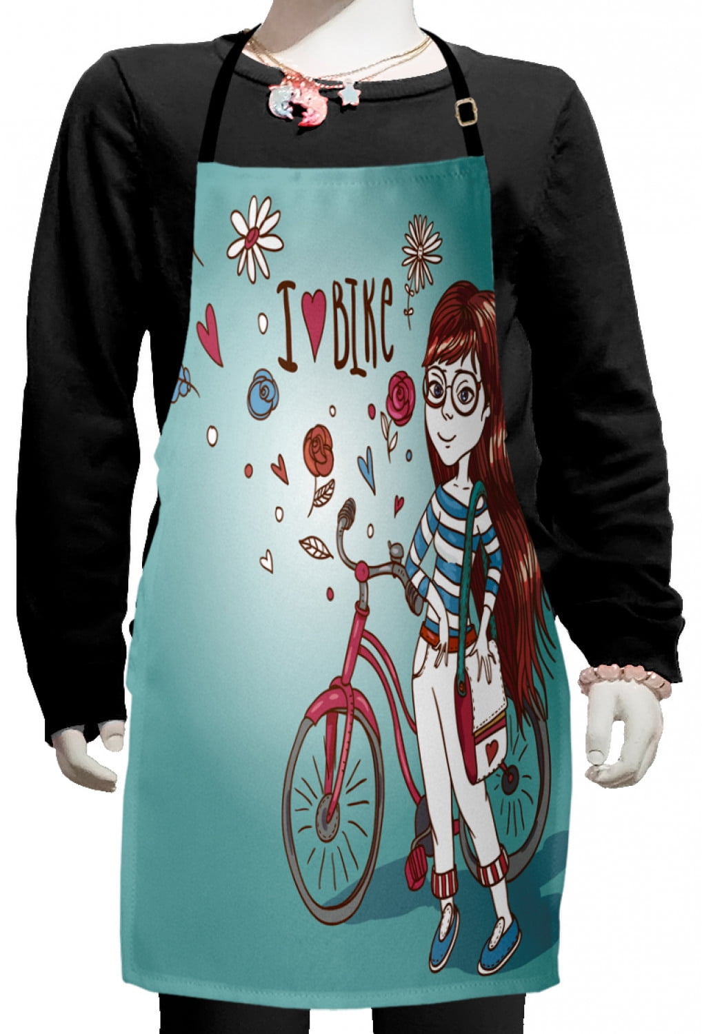 Cartoon Kids Apron, Love My Bike Theme Girl with Bicycle Vintage ...