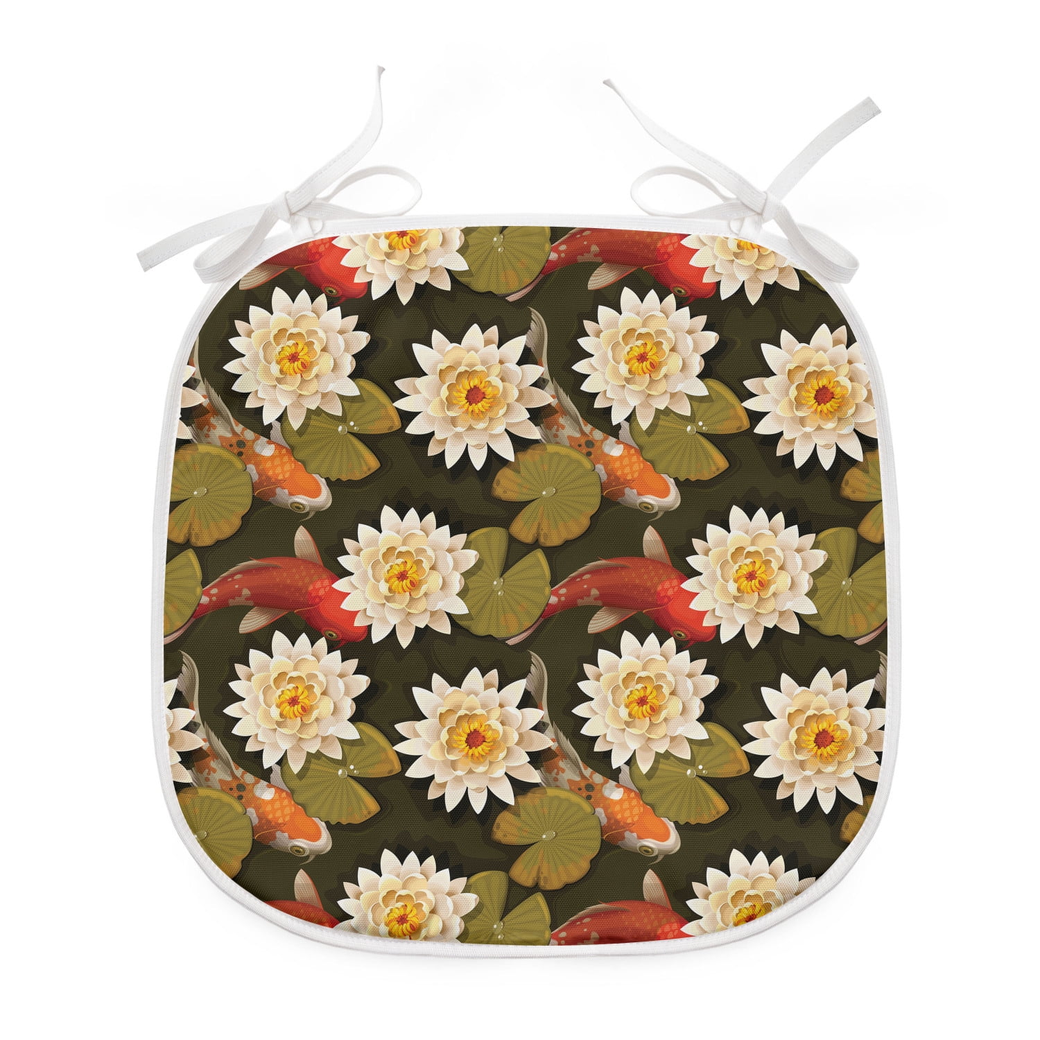 East Dining Chair Pad, Japanese Carp Koi Fish with Lotus Flowers East ...