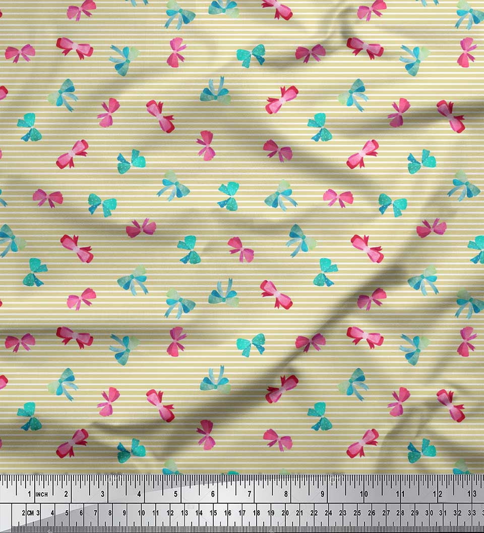 Soimoi Beige Japan Crepe Satin Fabric Bow & Stripe Print Fabric by the ...