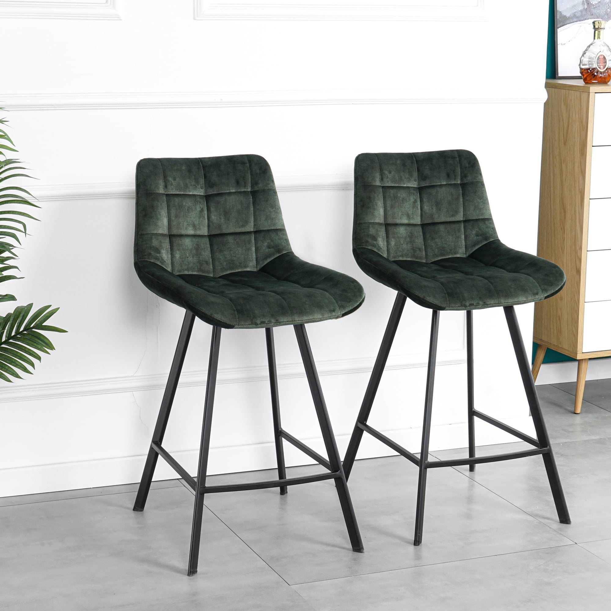 Set of 2 Bar Stools, 2pcs Velvet Upholstered Bar Chairs with Backrest ...