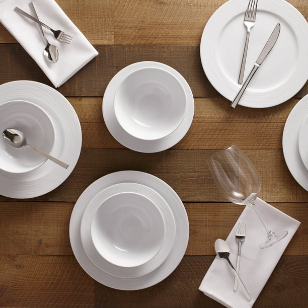 Safdie & Co. 12-Piece Round Rim Wave Dinnerware Set, White, Embossed ...