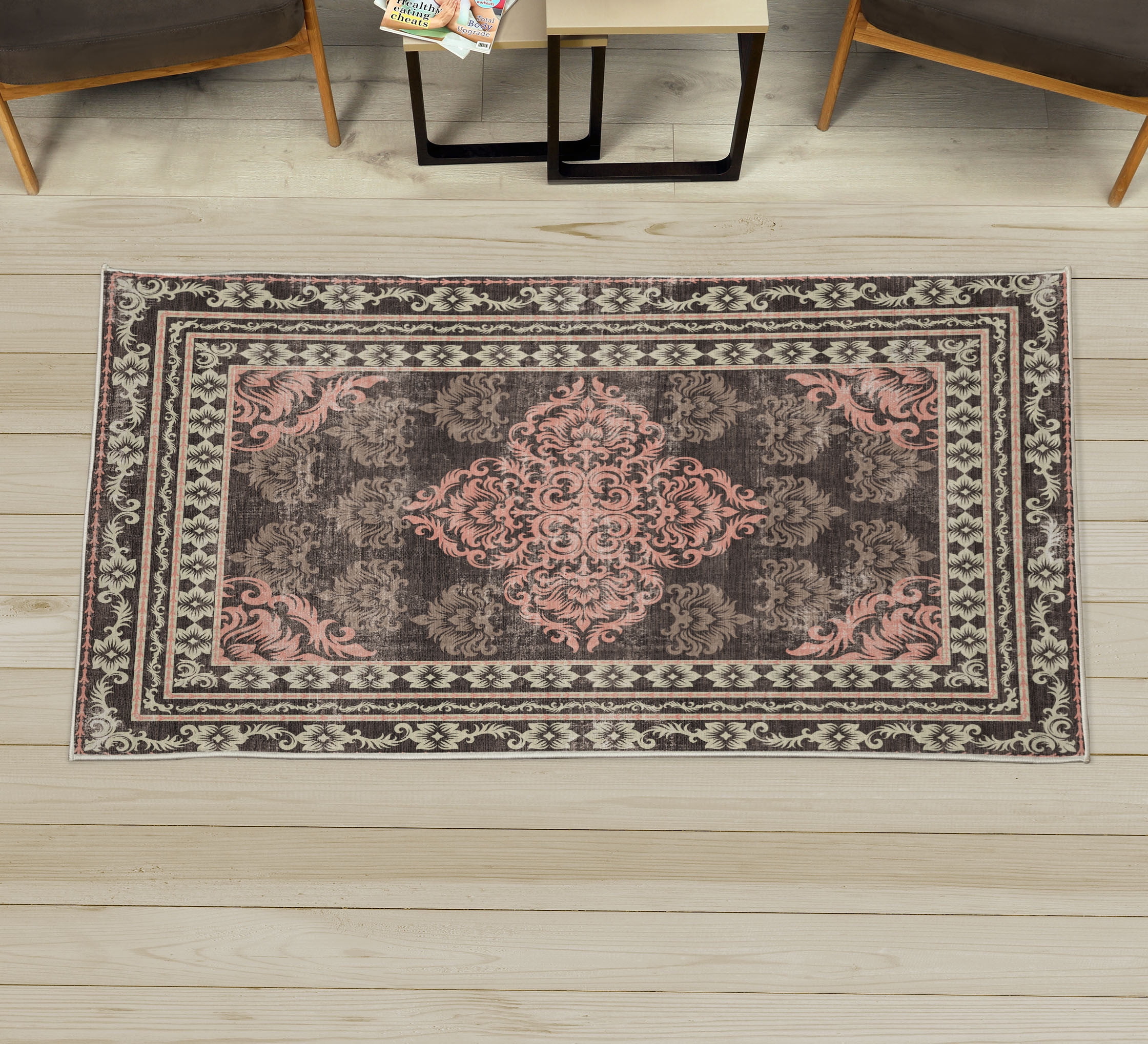 Damask Decorative Rug, Curlicue Design Traditional Flourishes in Retro ...