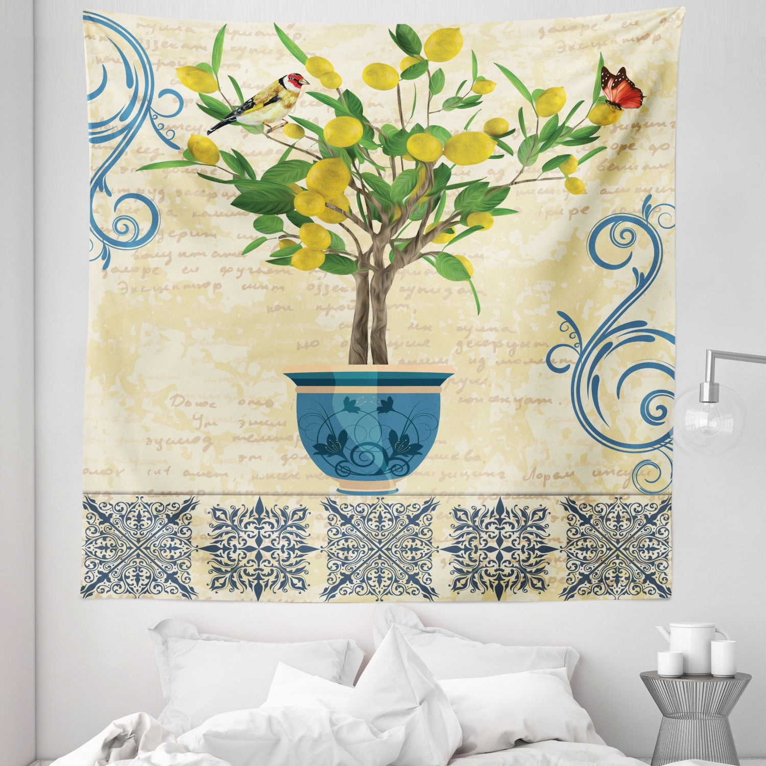 Vintage Tapestry, Retro Style Lemon Tree in the Pot Realistic Detailed ...