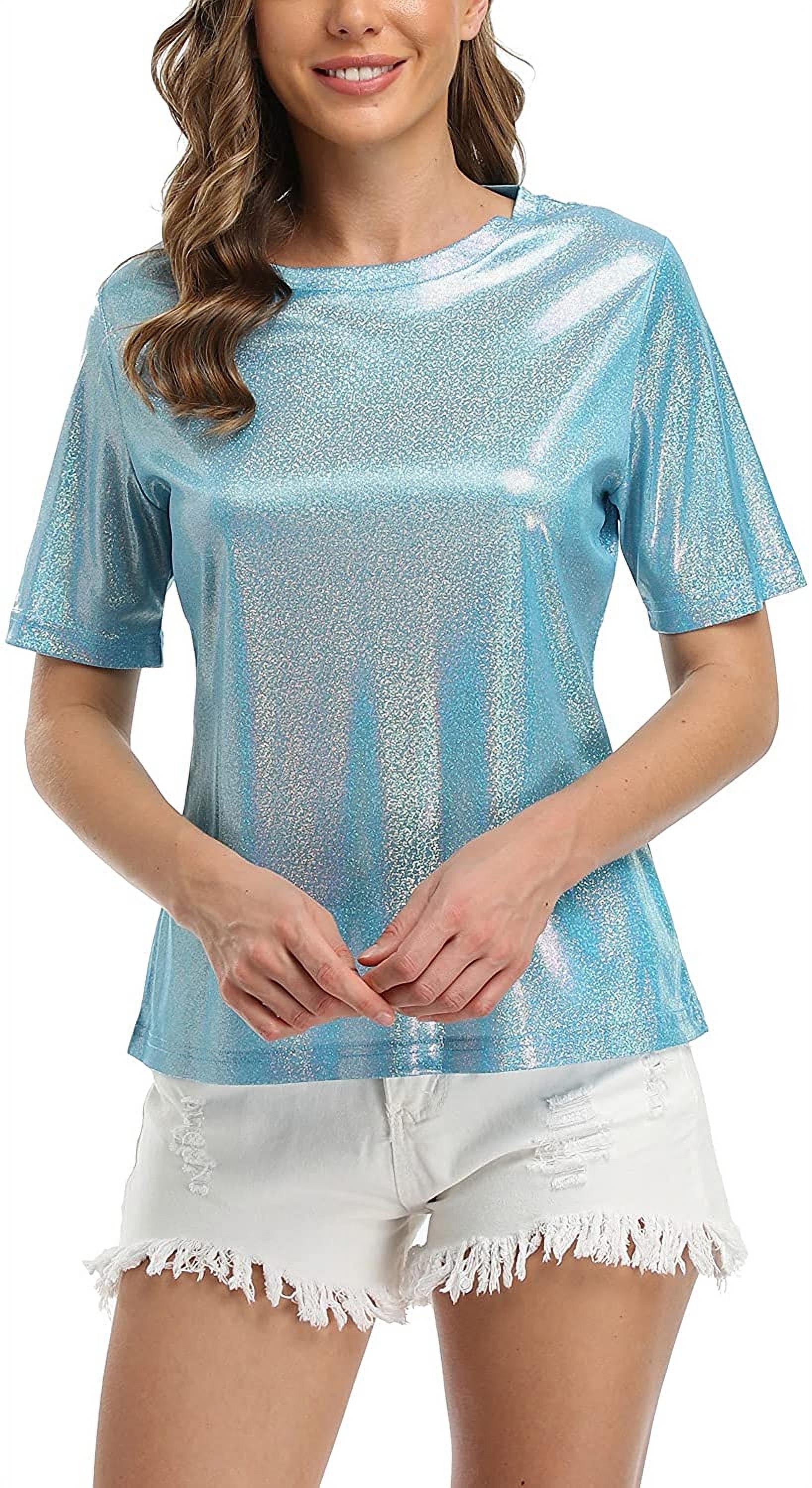 MISS MOLY Women's Shiny Tops Holographic Metallic Shirt Shimmer Glitter ...
