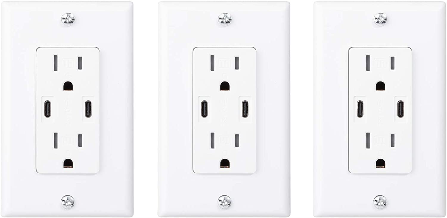 18W Dual USB Type C With Power Delivery Wall Outlet With Dual Tamper ...