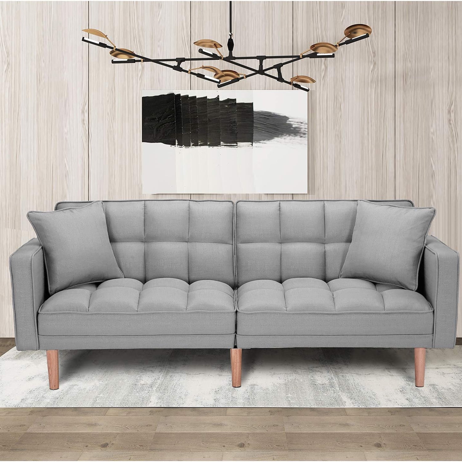 Convertible Futon Sofa Bed with 2 Pillows, Fabric Convertible Single ...