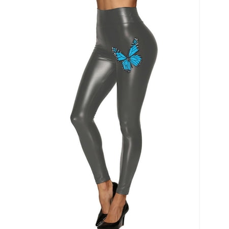 UKAP Women Slim Leg PU Pants Tight Butterfly Print Work Faux Leather ...