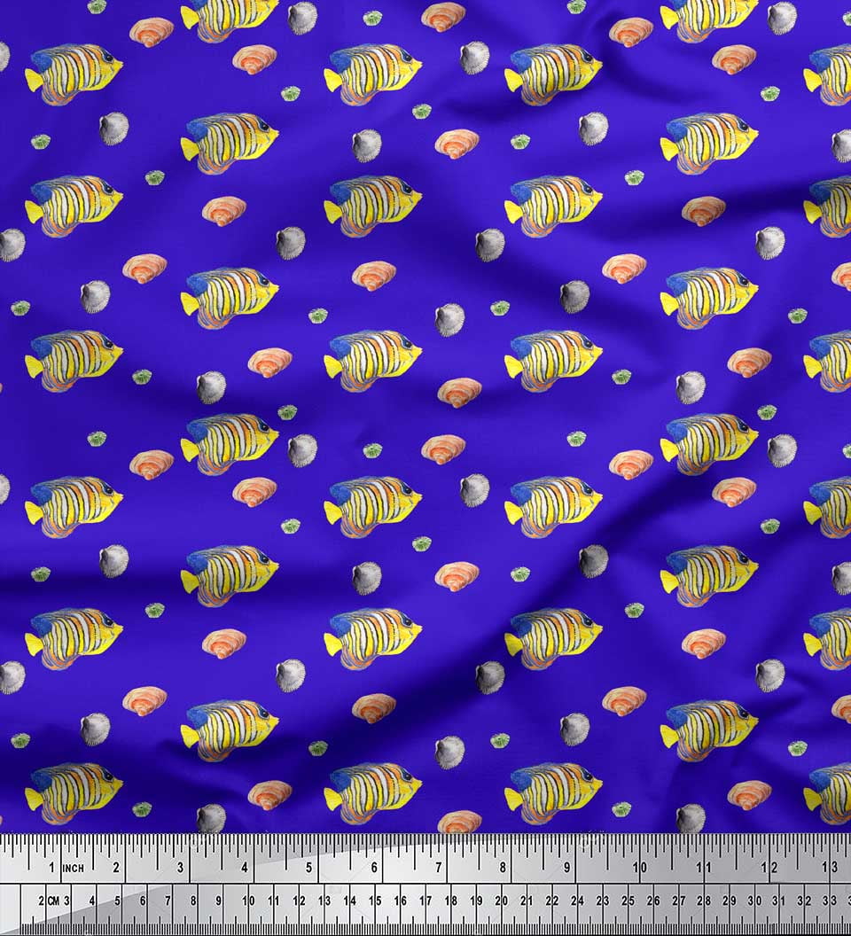 Soimoi Blue Japan Crepe Satin Fabric Fish & Shells Ocean Fabric Prints ...