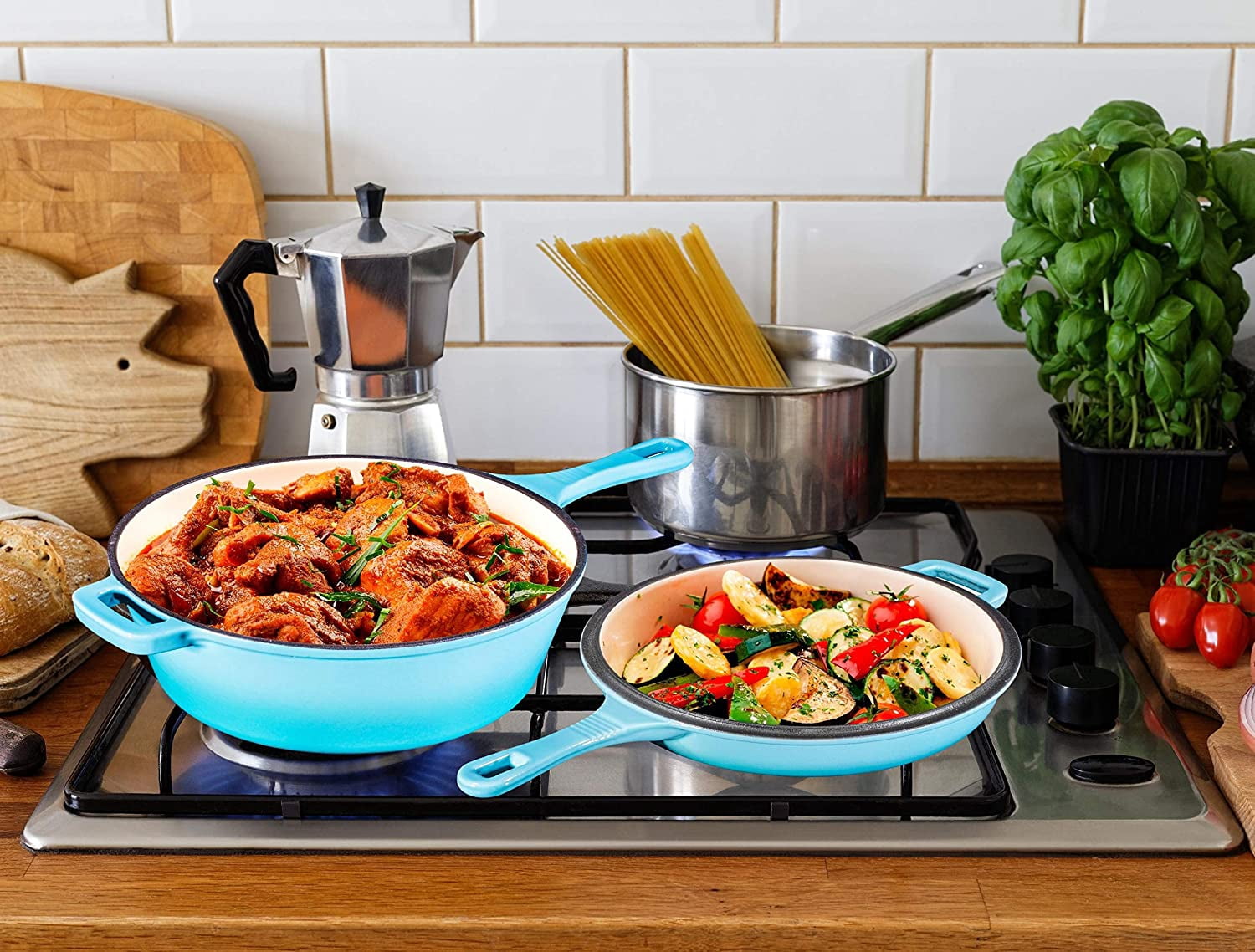 Buy Enameled Blue 2-in-1 Cast Iron Multi-Cooker Heavy Duty Skillet and ...