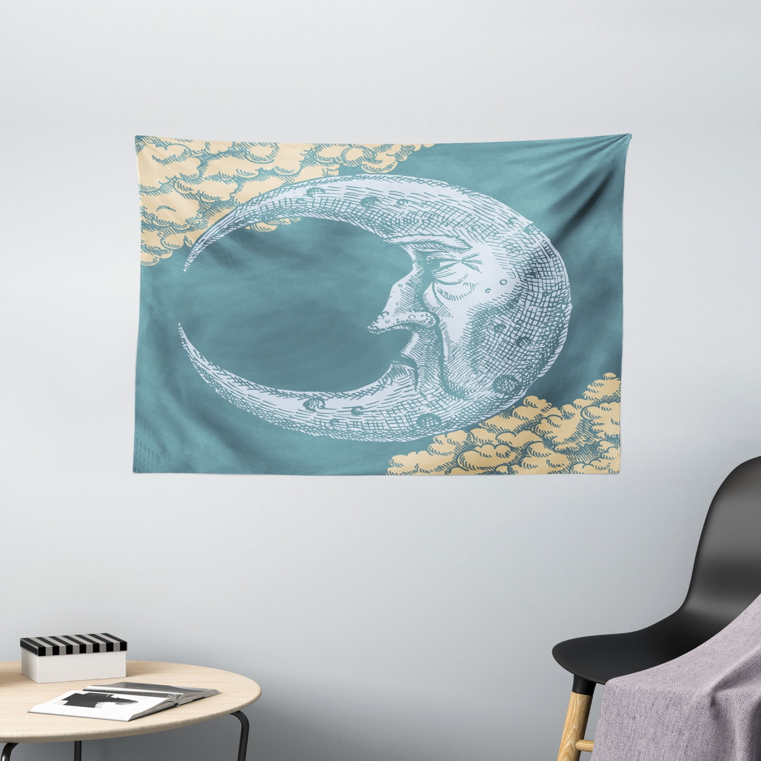 Moon Tapestry, Vintage Crescent Moon with Grumpy Facial Expression ...
