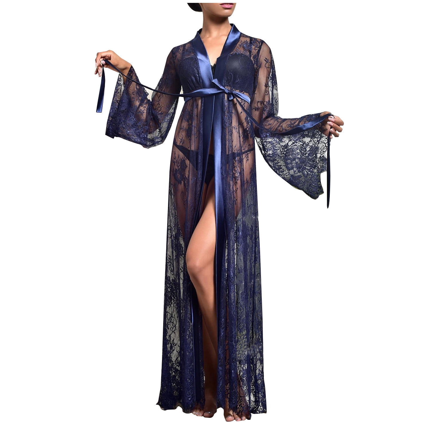 Long Sheer Boudoir Wedding Kimono Floor Length Lace Bridal Bath Robe