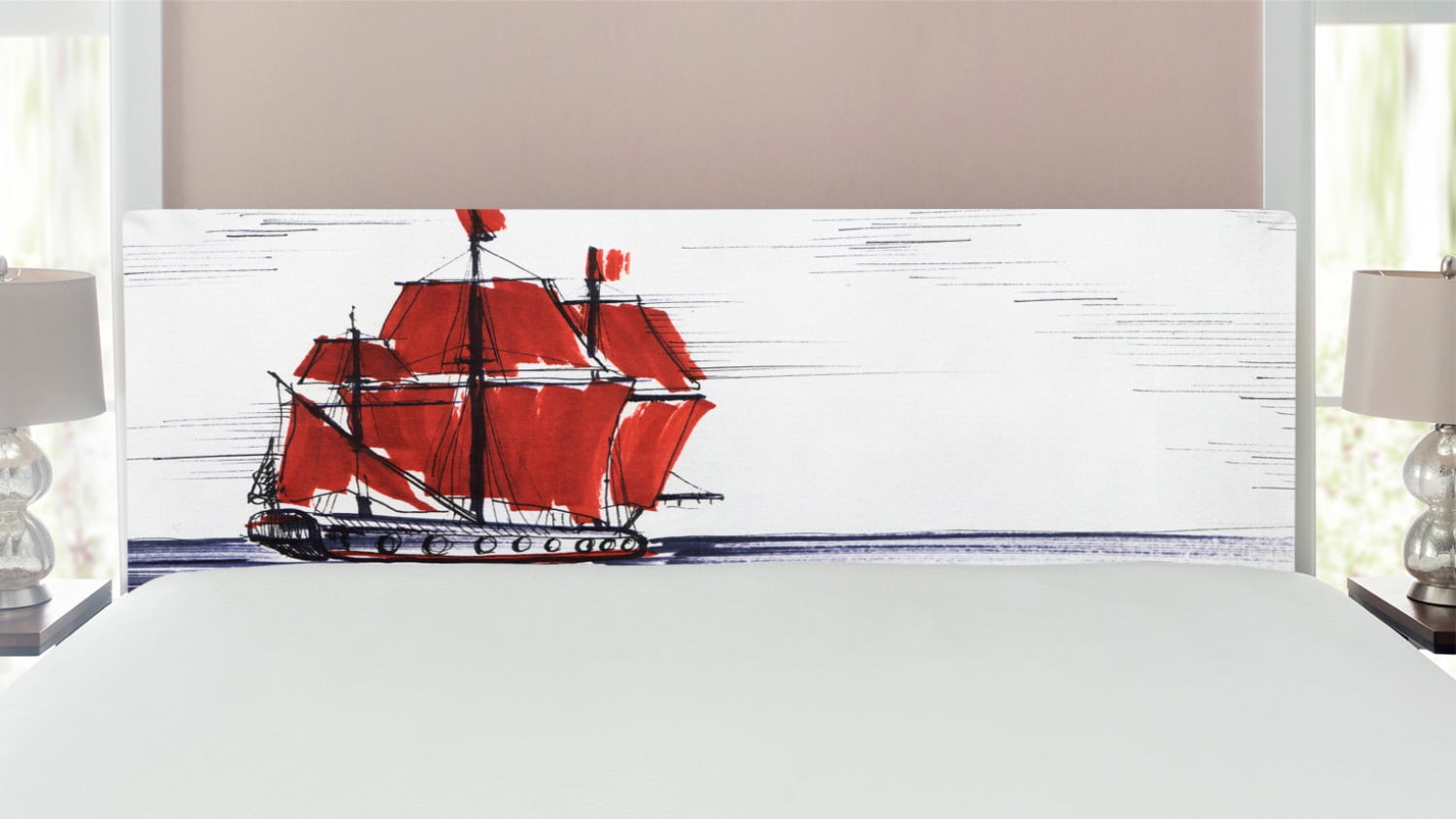 Sketchy Headboard, Sailing Ship Floating on the Sea Drawing Style ...