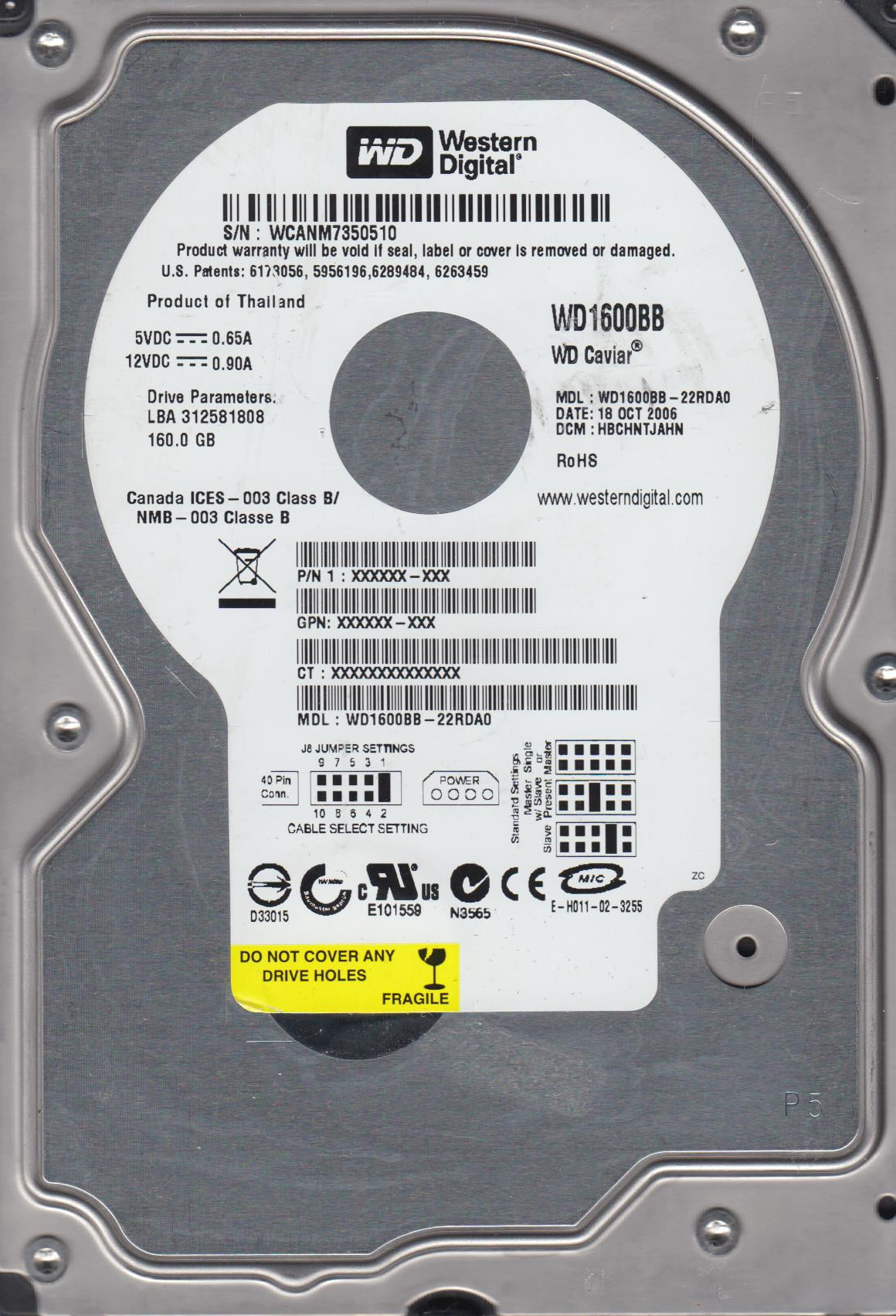 WD1600BB-22RDA0, DCM HBCHNTJAHN, Western Digital 160GB IDE 3.5 Hard ...