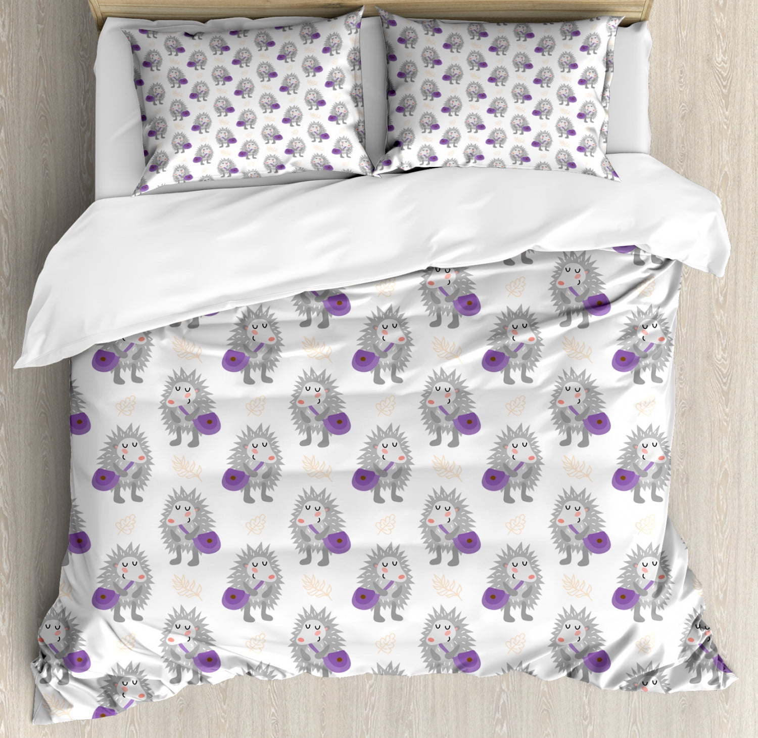 Hedgehog Queen Size Duvet Cover Set, Cartoon Hipster Animal with a Bag ...