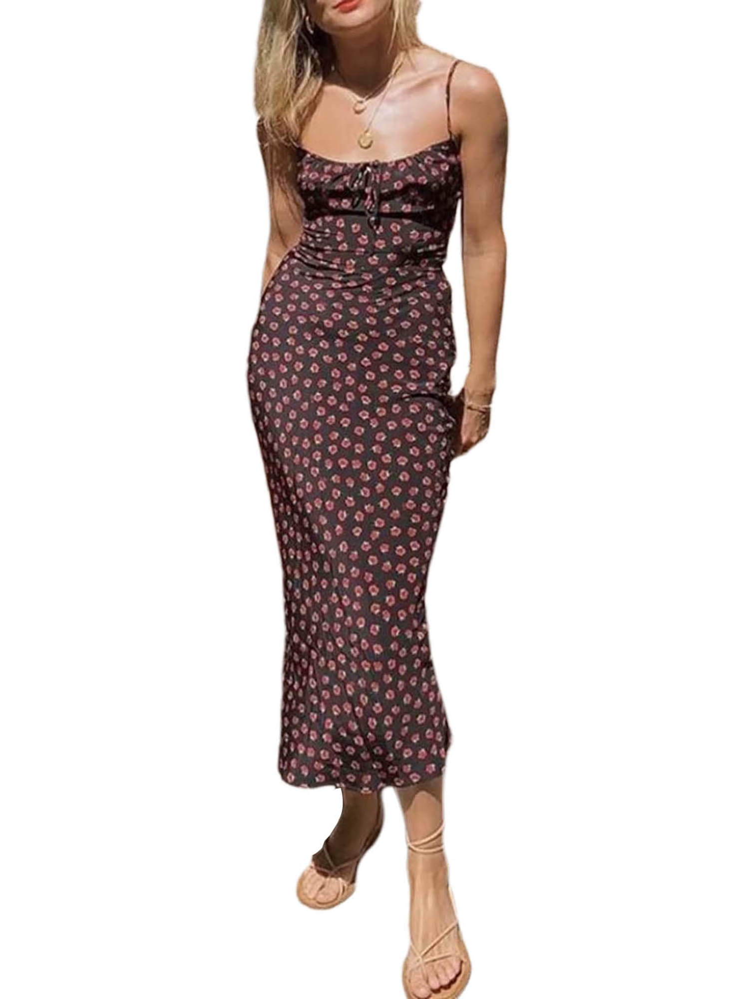 Multitrust Women Long Slip Dress, Summer Tie-up Printed U-shaped Neck ...