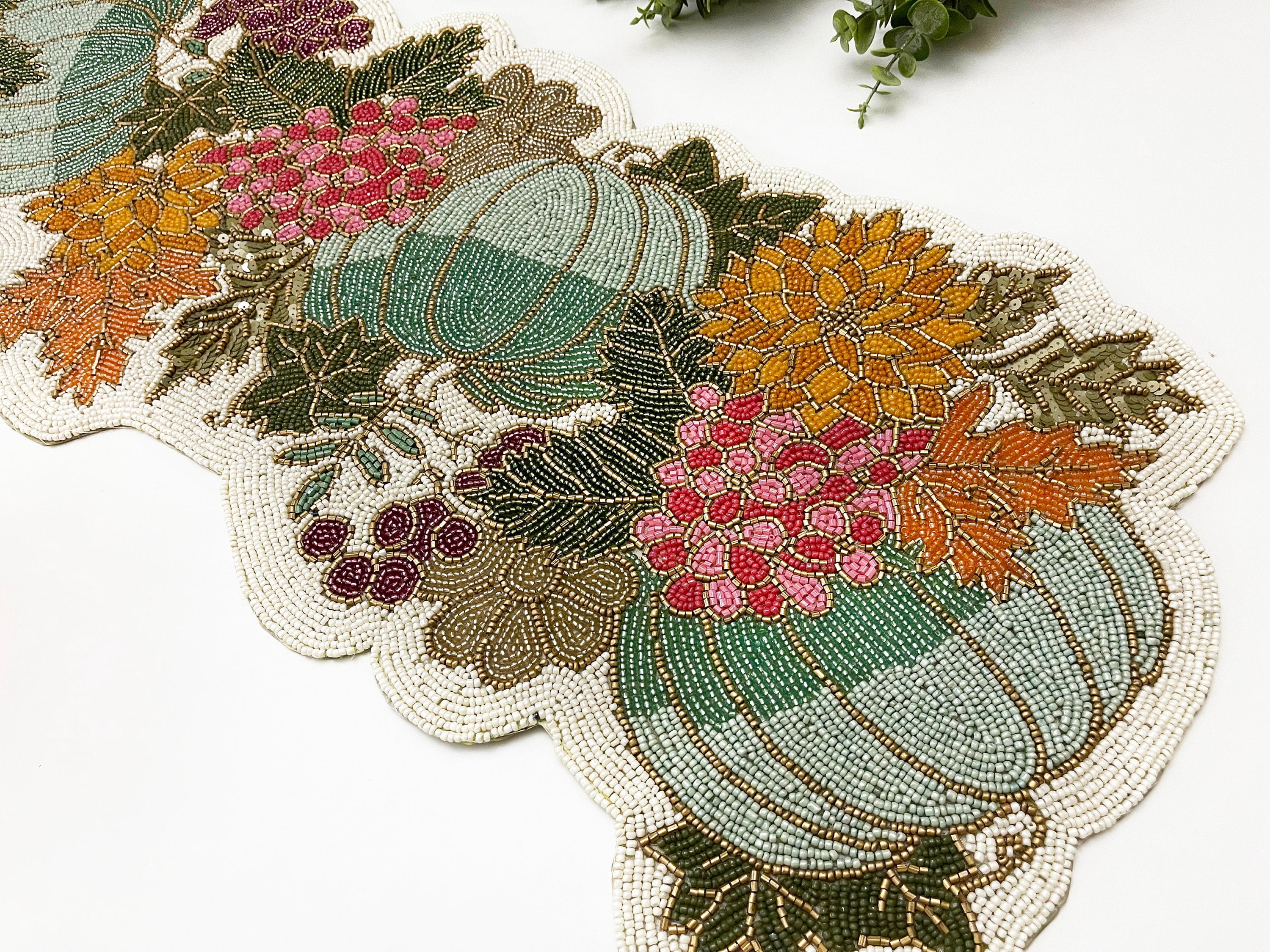 Handmade bead table runner, multicolour pumpkin and flower fall runner ...