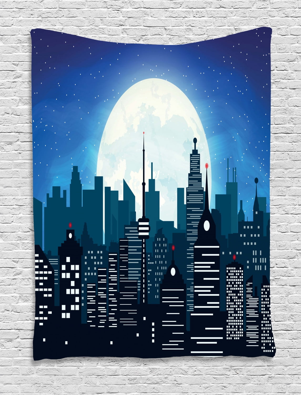 City Tapestry, Silhouette Cityscape Under Night Sky with Full Moon ...
