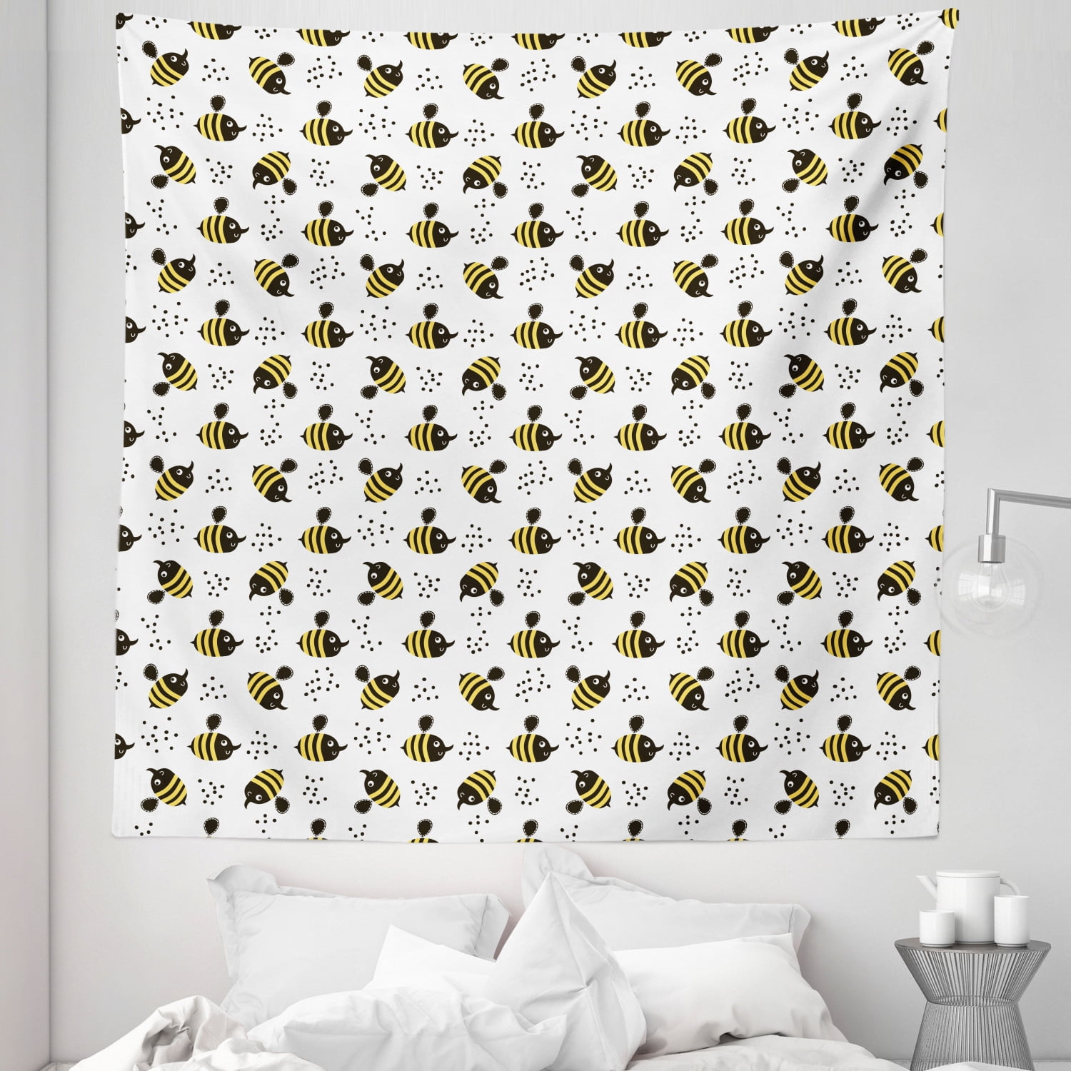 Bee Tapestry, Honey Bees Pattern Flying Mascots Comic Joyful Animals ...