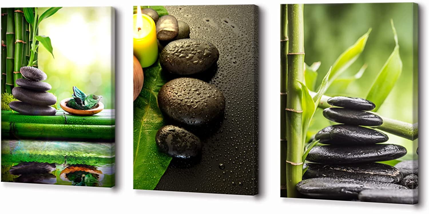 3 Panels Zen Canvas Wall Art Spa Still Life with Green Bamboo Stone ...