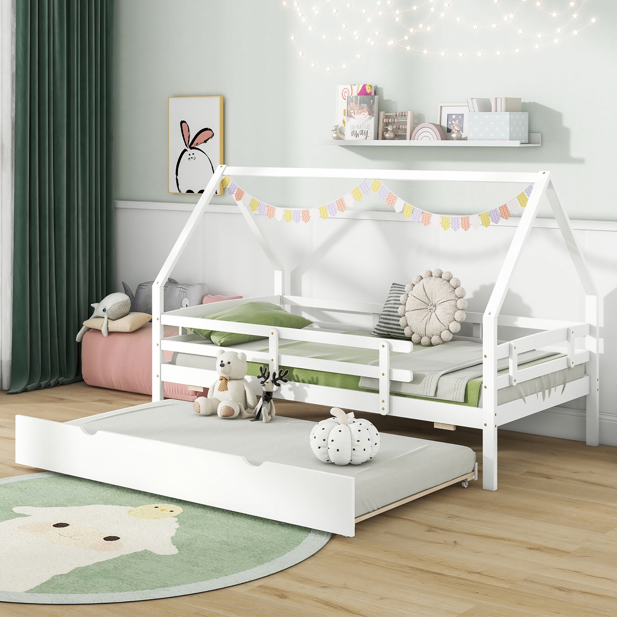 Gymax Twin Size House Bed w Trundle Wooden Kids Bed w Safety Rails Decorable Roof White