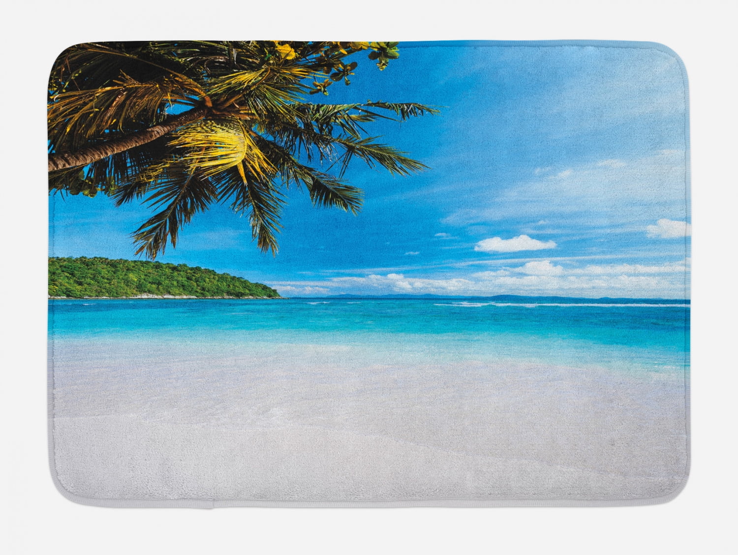 Tropical Bath Mat, Exotic Beach with White Sand and Palm Tree Green ...