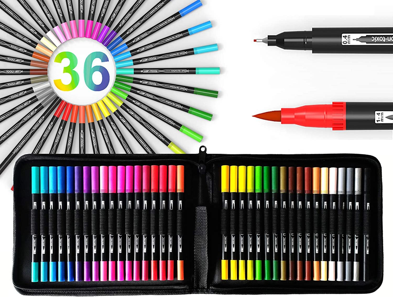 Dual Tip Brush Pens Art Markers 36 Color Set with Canvas Organizer Case ...